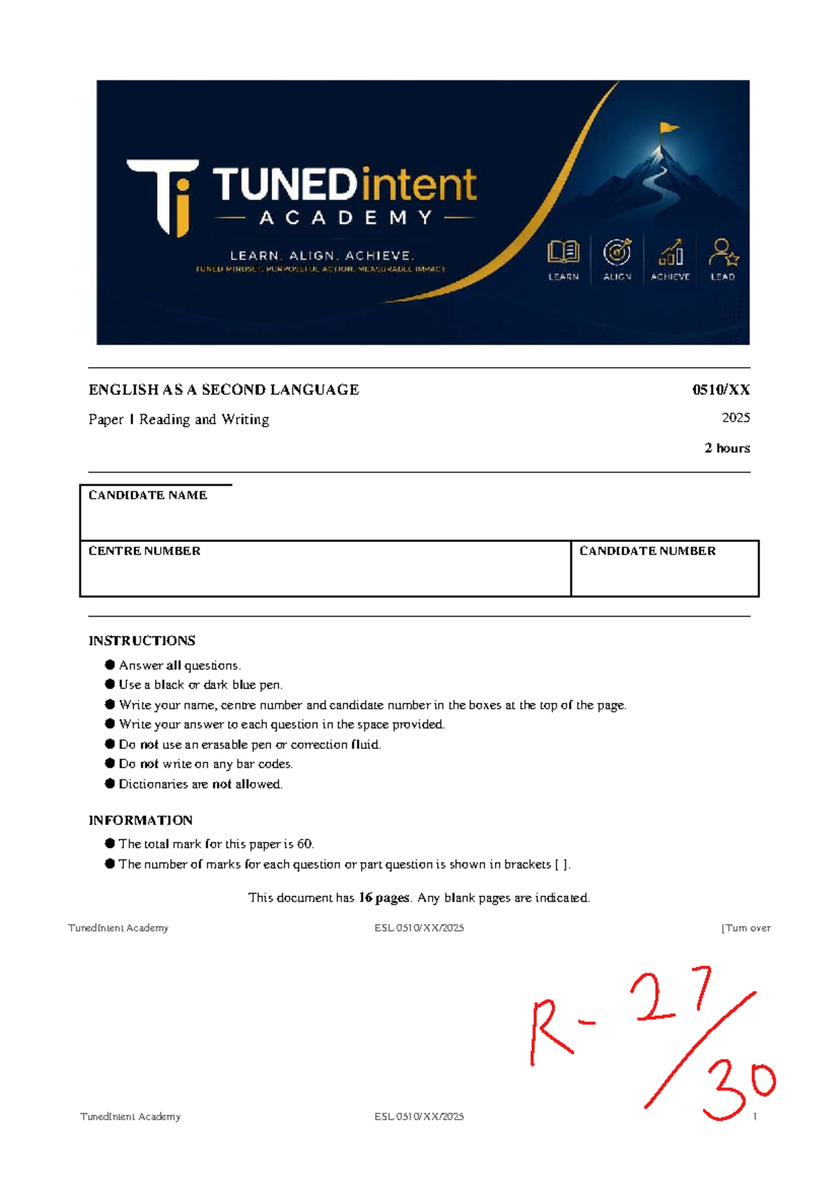 ENGLISH AS A SECOND LANGUAGE 2025 Paper 1 Reading & Writing Exam - Studocu