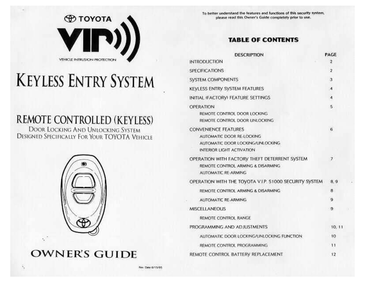Toyota V.I.P. S1000 Keyless Entry System Owner's Manual - Studocu