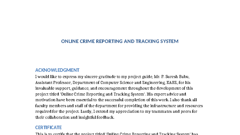 Online Crime Reporting System - Project Acknowledgment & Overview - Studocu