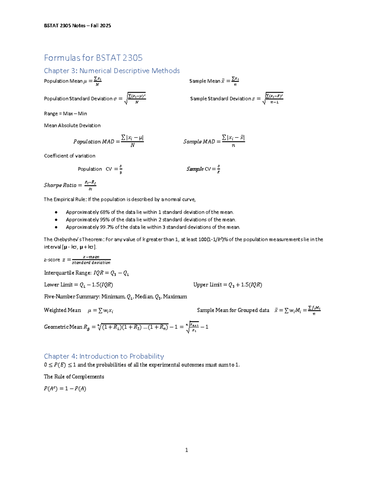 BSTAT 2305 Statistical Inference Notes: Key Formulas & Concepts Fall ...