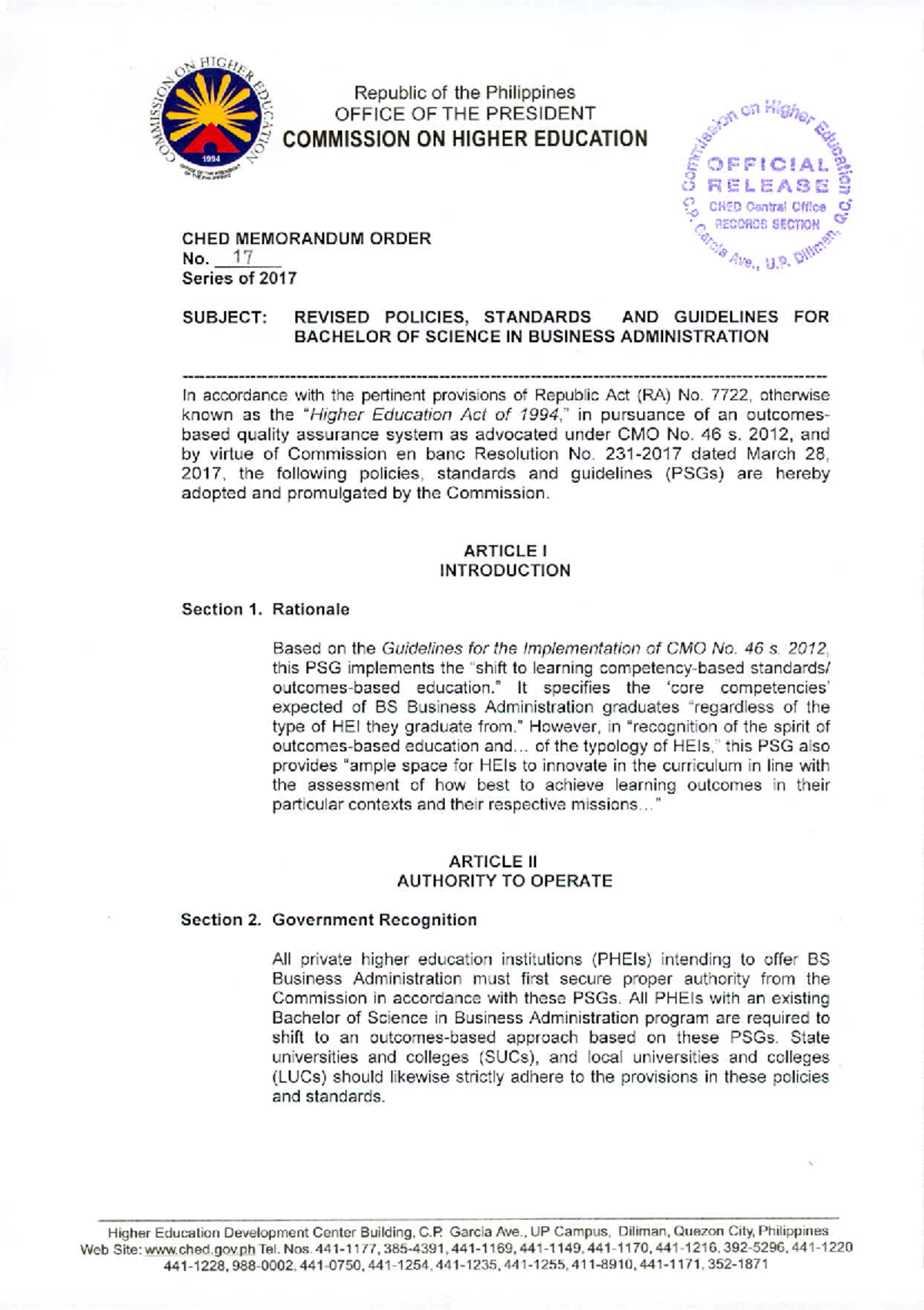 BSBA CMO 17 s 2017 - Revised Policies for BS in Business Administration - Studocu