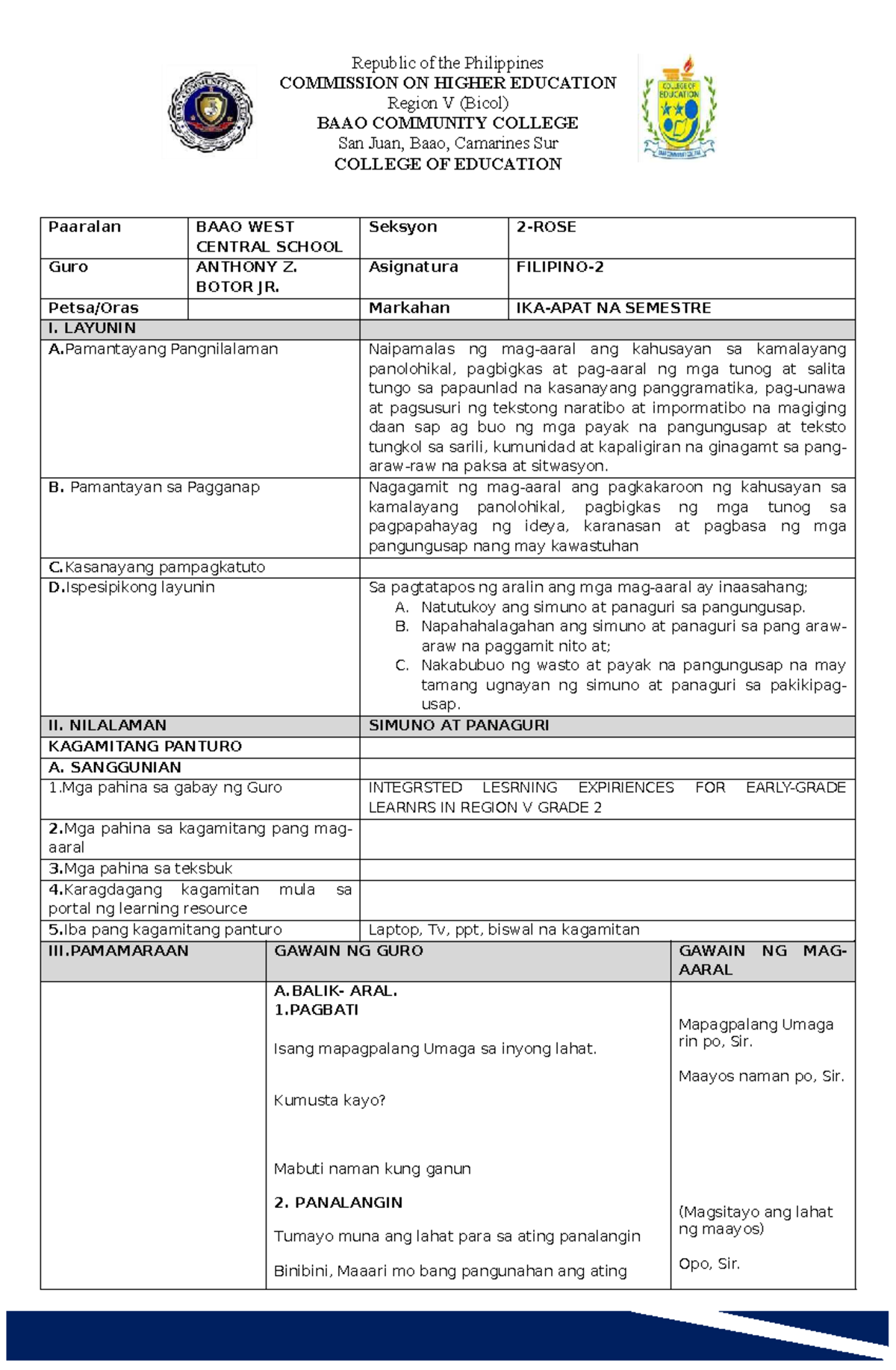 Fil 2 - Detailed Lesson Plan on Simuno at Panaguri for Grade 2 - Studocu