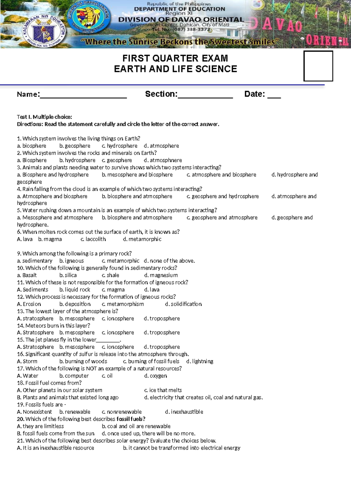 Earth Science 1st Quarter Exam Review and Practice Questions - Studocu