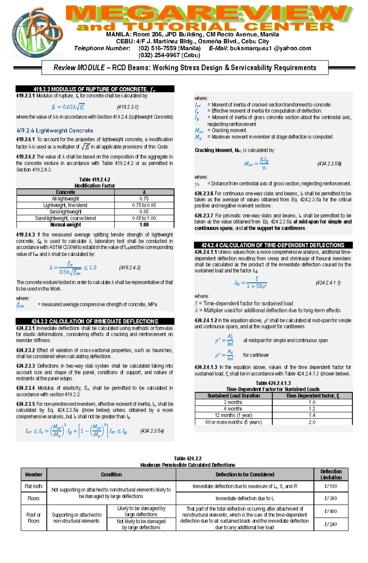 RCD 419: Review Module on Working Stress Design & Deflection ...