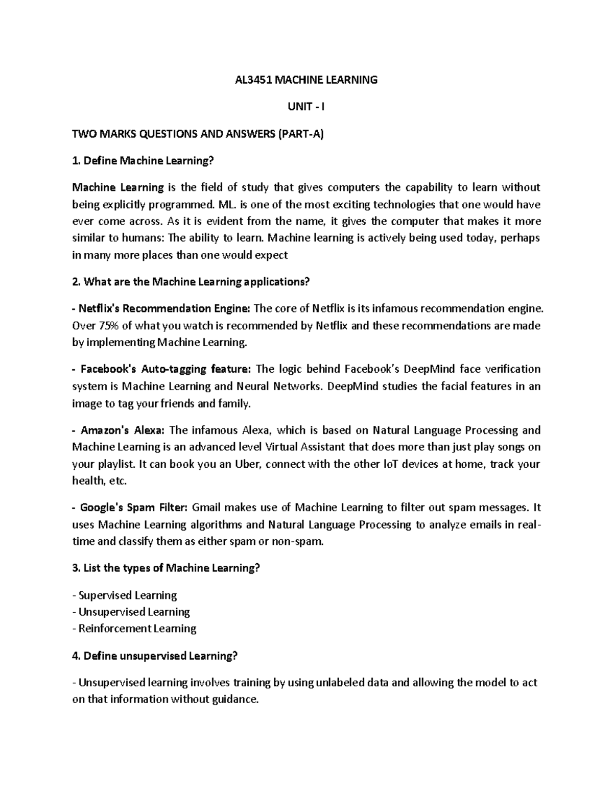 AL3451 Machine Learning: Comprehensive Two Marks Q&A Guide - Studocu