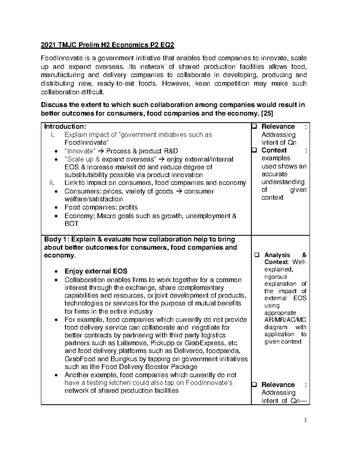2021 TMJC Prelim H2 Economics P2 EQ2 Collaboration in Food Innovation ...