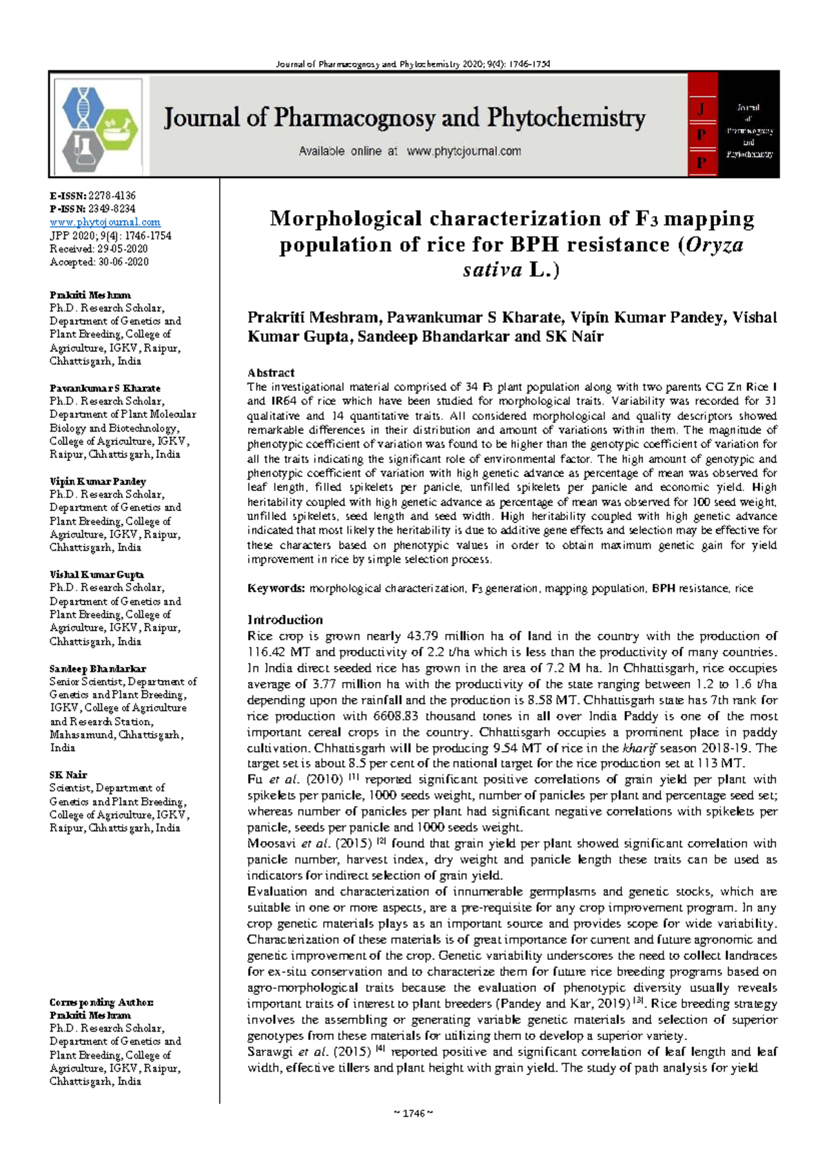 Morphological Characterization of F3 Rice Mapping Population for BPH ...
