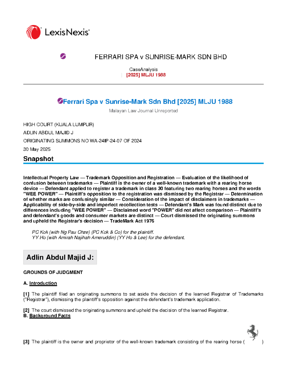 Ferrari Spa v Sunrise-Mark Sdn Bhd Case Analysis MLJU 1988 - Studocu