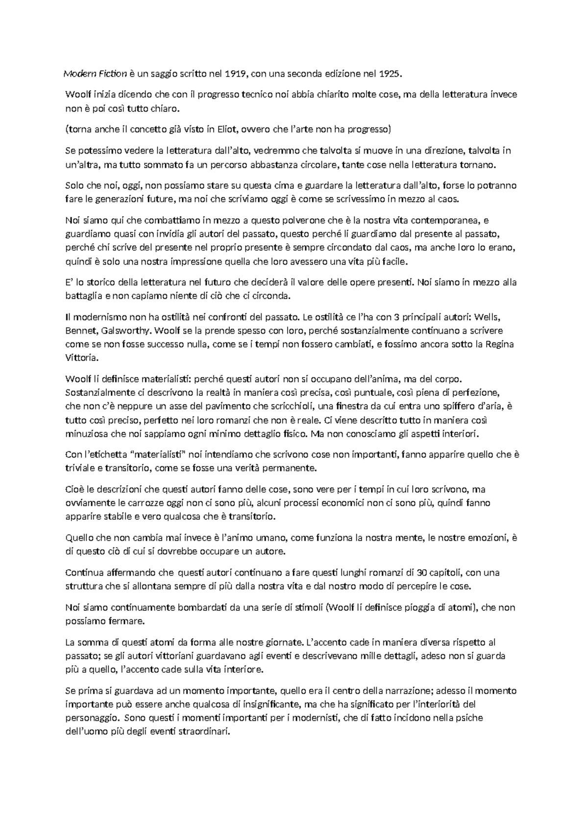 Appunti su Modern Fiction e Mr. Bennet & Mrs. Brown - Woolf - Studocu