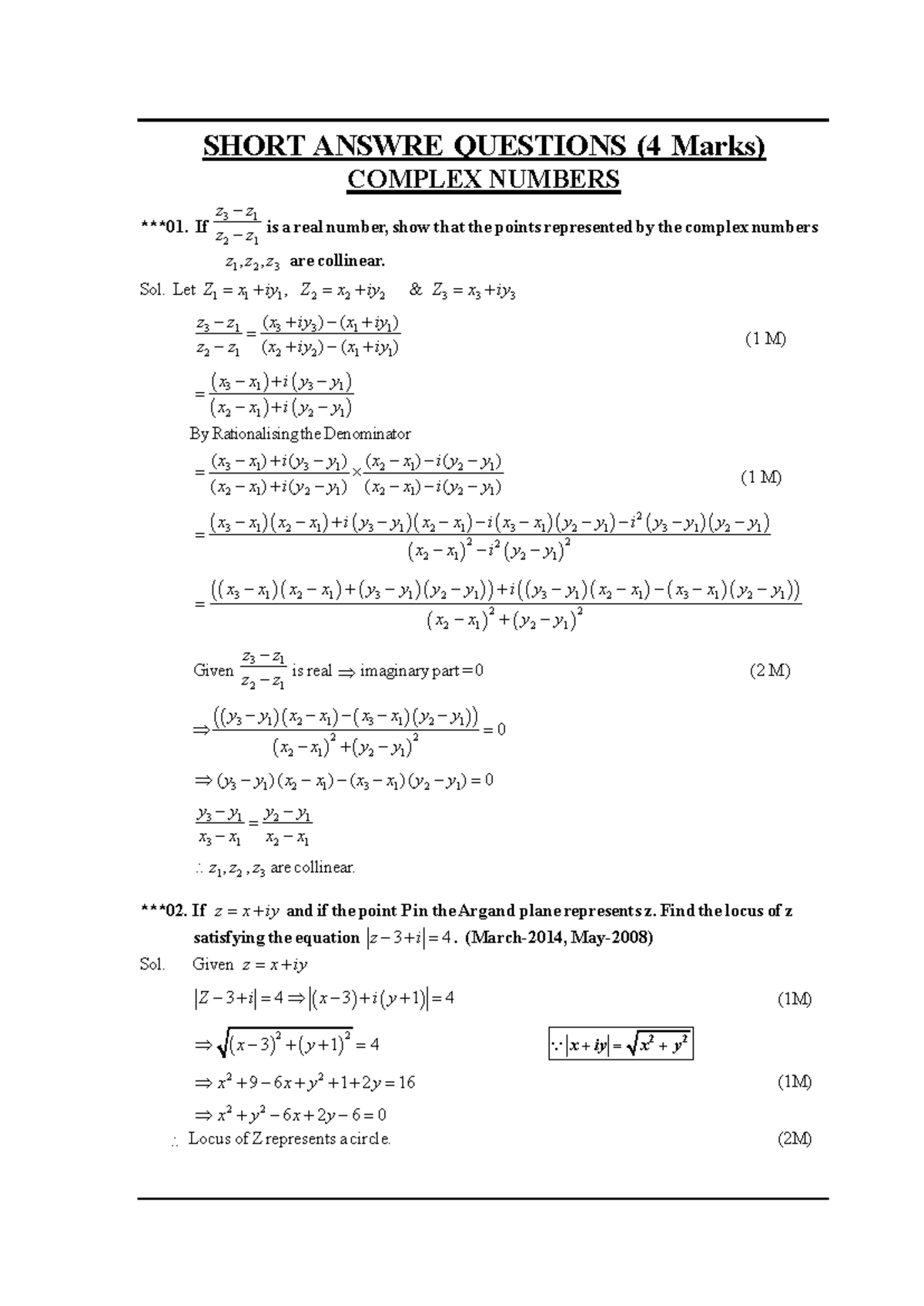 Complex Numbers: Short Answer Questions (4 Marks) - Course Code 7402 ...