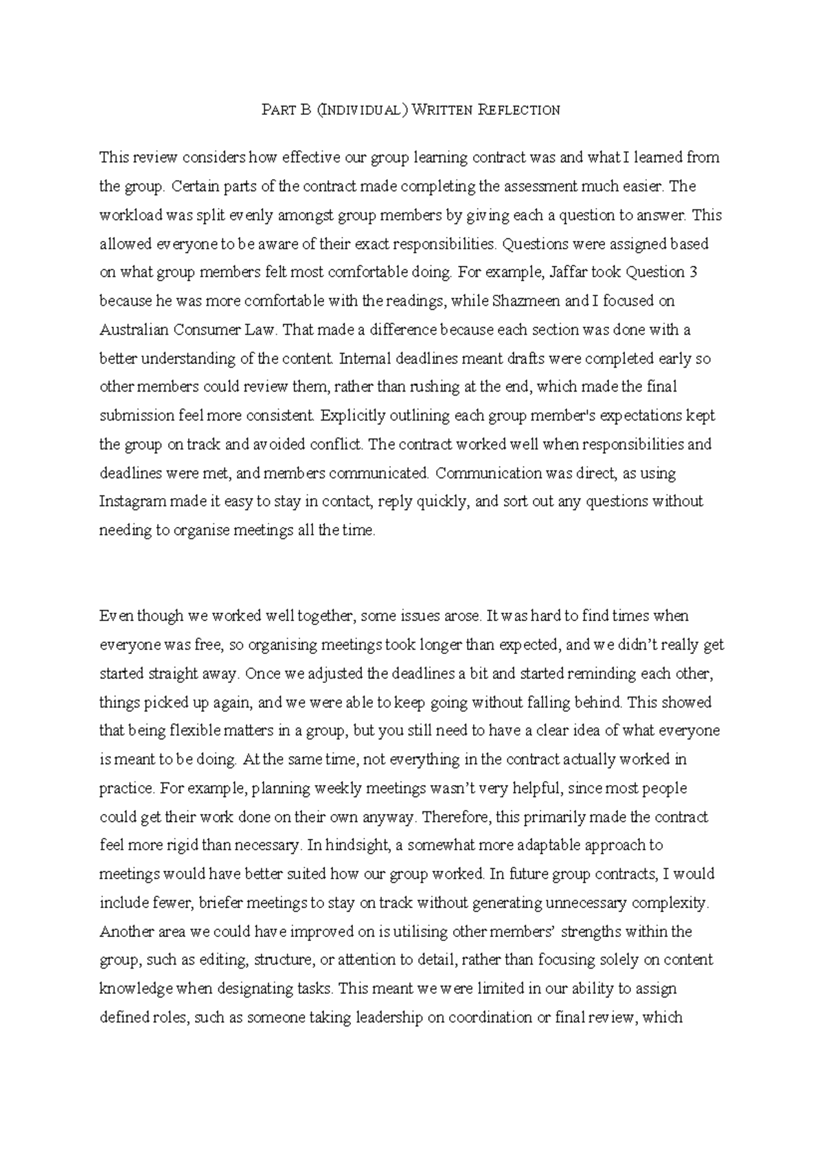 1B Written Reflection on Group Learning Contract Effectiveness - Studocu