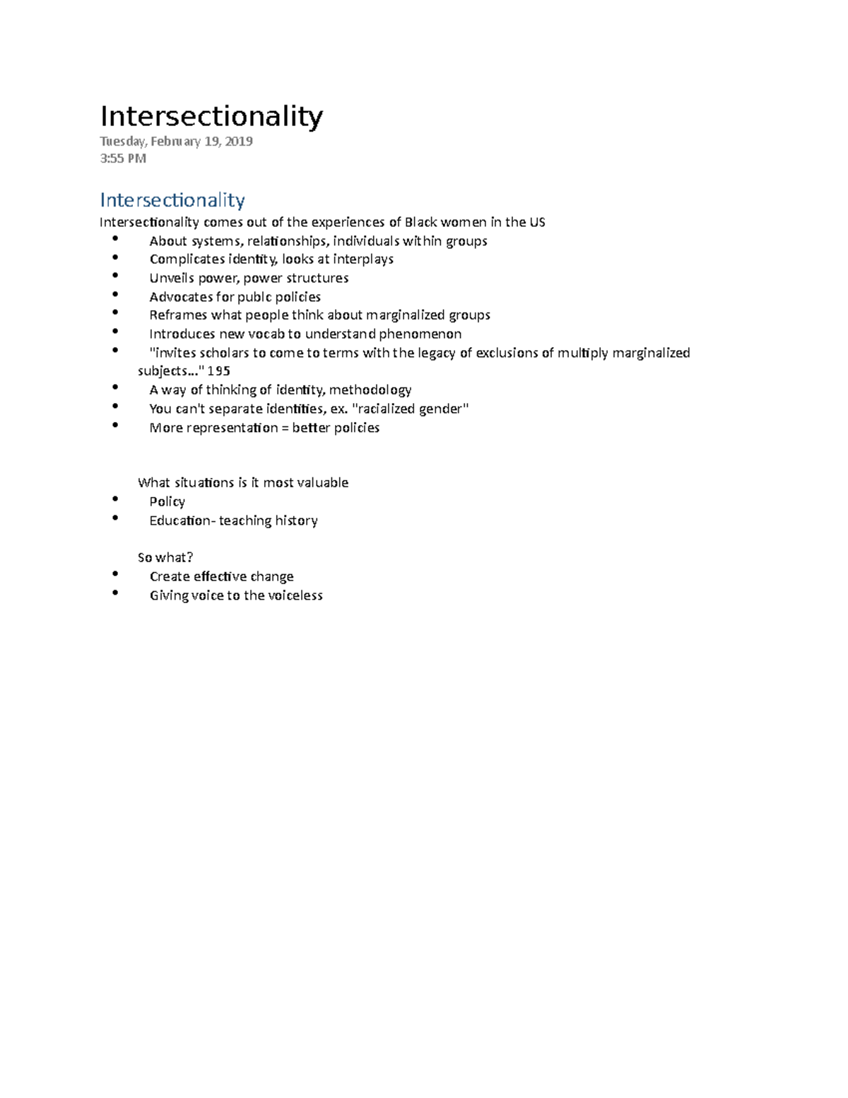 Intersectionality notes - Intersectionality Tuesday, February 19, 2019 ...
