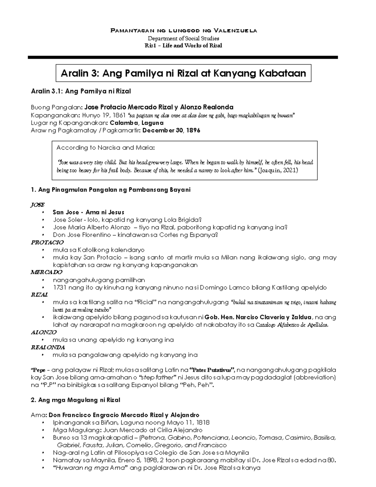 Riz1 - Aralin 3: Pamilya at Kabataan ni Jose Rizal - Studocu