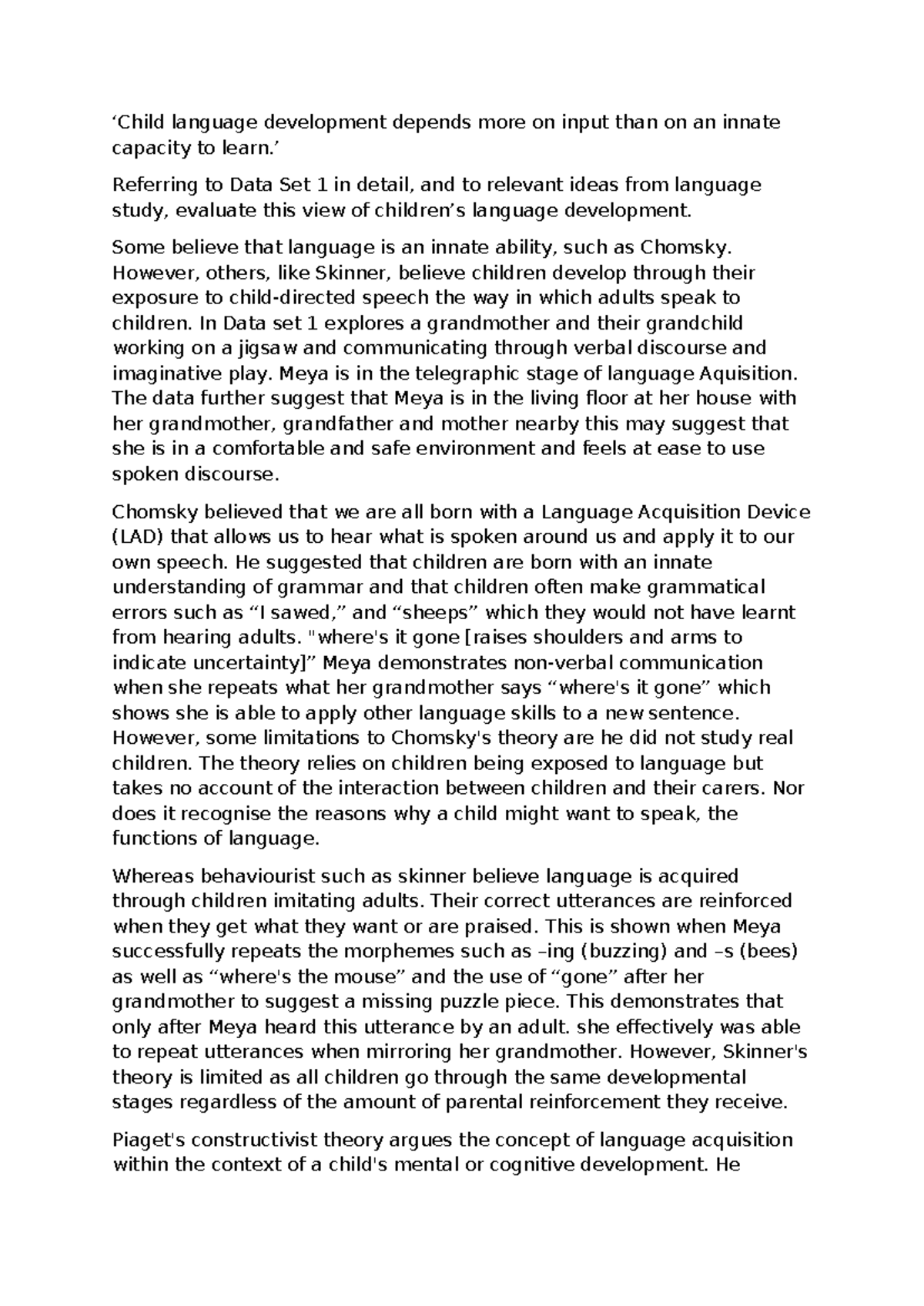 Child Language Development: Input vs Innate Capacities Evaluation - Studocu