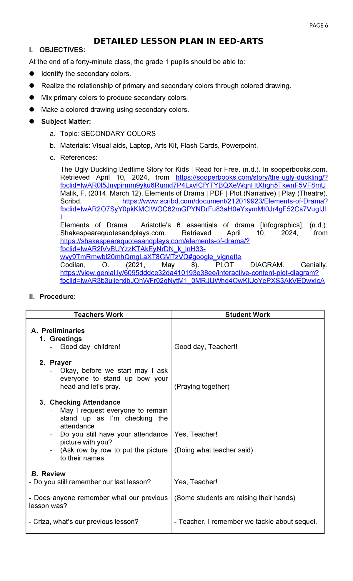 ENG 101: Detailed Lesson Plan on Secondary Colors and Drama Elements ...