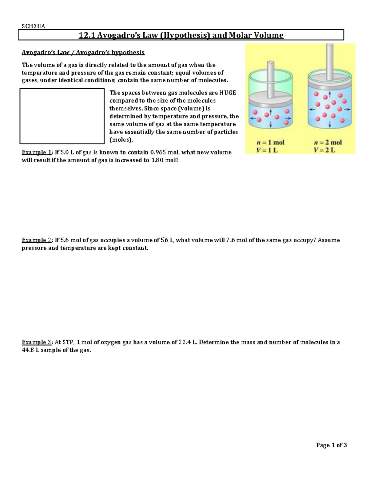 SCH3UA 12.1 Avogadro's Law & Molar Volume Hypothesis Notes - Studocu