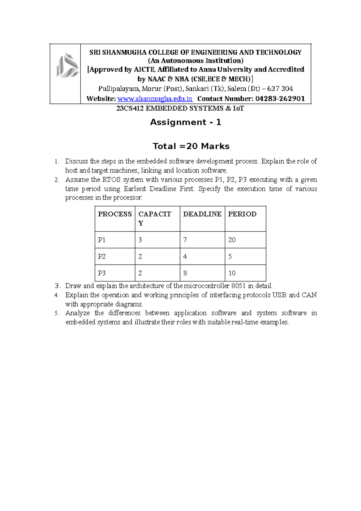 23CS412 Embedded Systems & IoT Assignment 1 Overview - Studocu