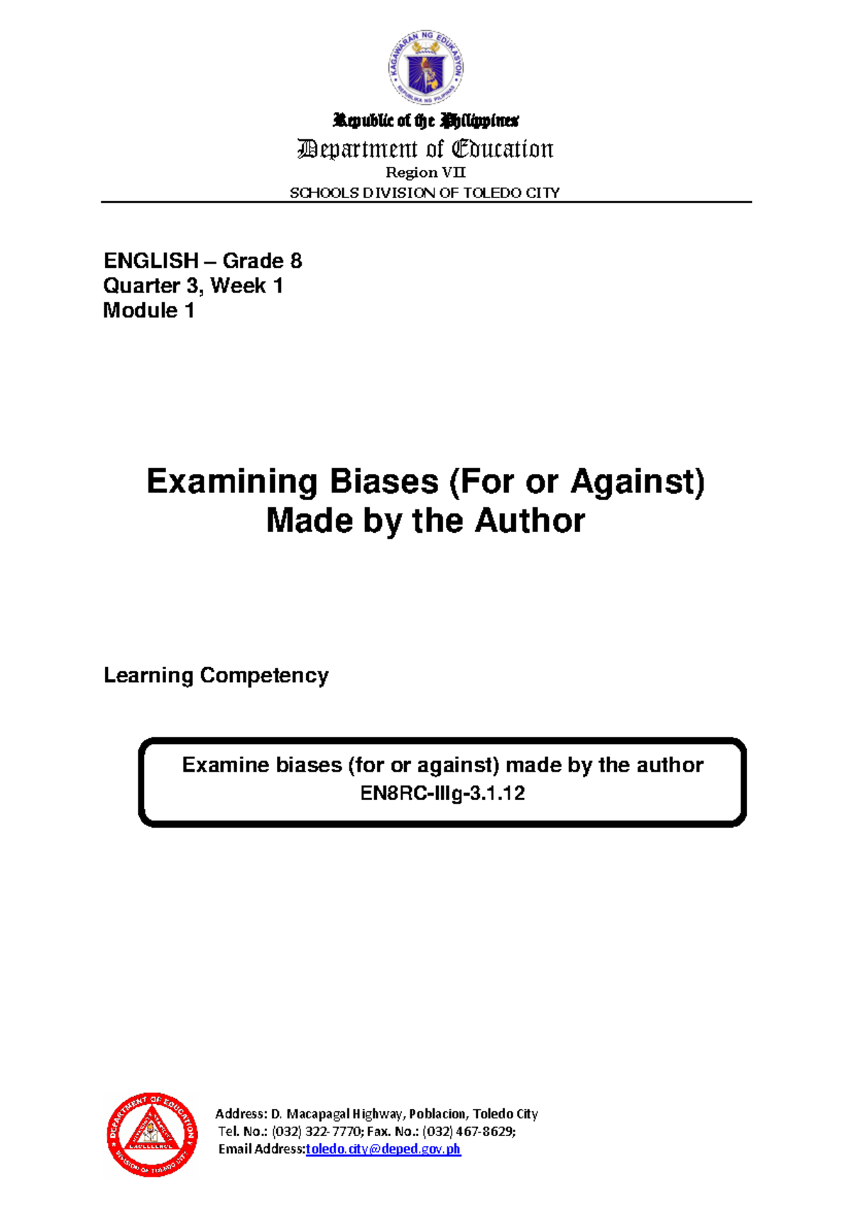 Q3 Eng8 Week 1 Module 1: Understanding and Examining Biases - Studocu
