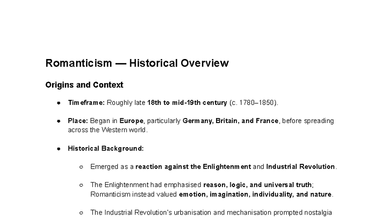 Romanticism: Historical Overview and Core Beliefs (c. 18th Century ...