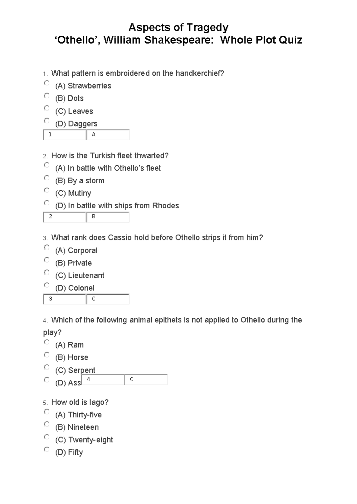 Plot quiz - Othello Plot Quiz Key Stage 5 - ‘Othello’, William ...