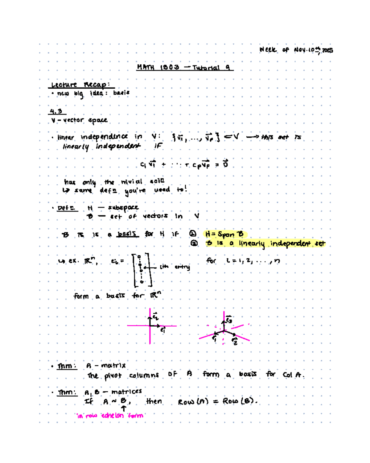 MATH 1B03 - Tutorial 9: Vector Spaces & Linear Independence Recap - Studocu