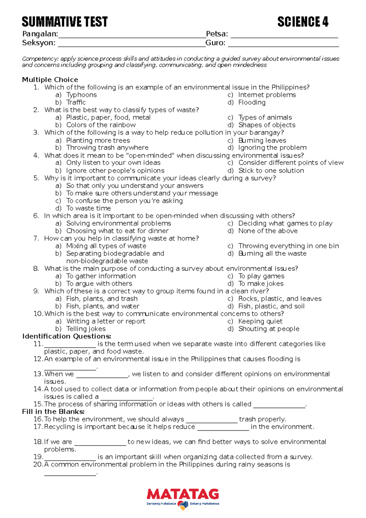 SCI4 Summative Test 04 - Environmental Issues Questions & Answers - Studocu