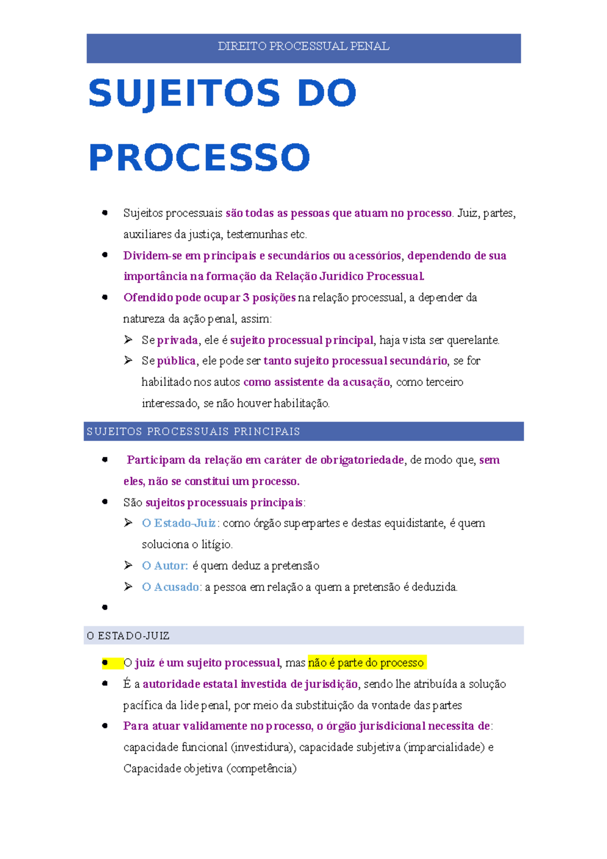 Sujeitos do Processo Penal - DIREITO PROCESSUAL PENAL SUJEITOS DO PROCESSO Sujeitos processuais ...