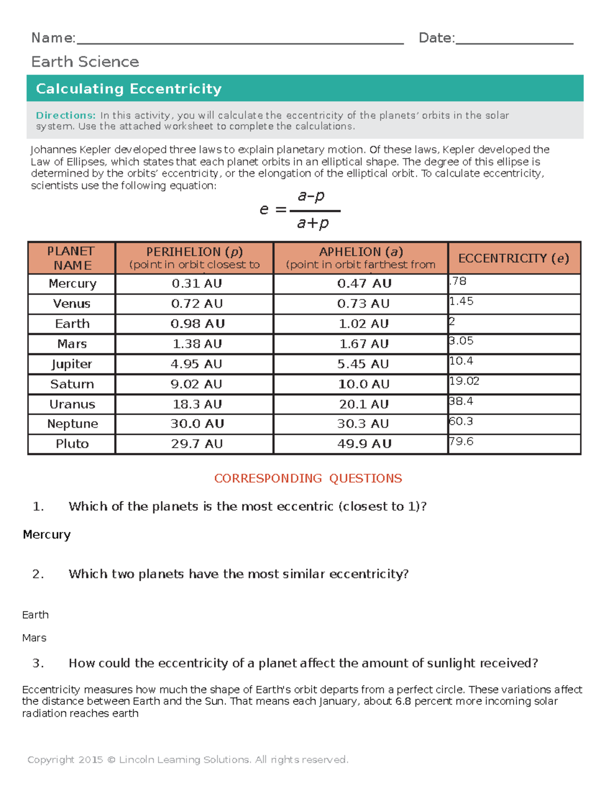 Solar System - Eccentricity Calculations Worksheet (Earth Science LO5 ...