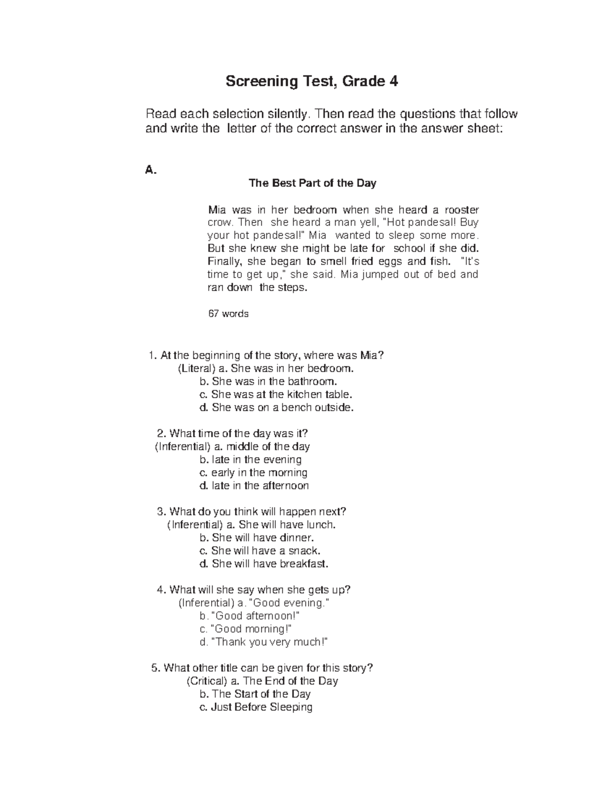 GST Phil IRI English Grade 4 Screening Test Questions & Answers - Studocu
