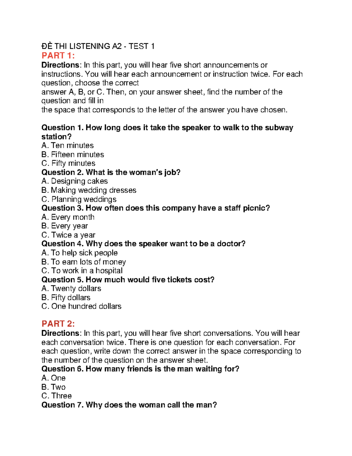A2 Listening Test 1: Practice Questions and Directions - Studocu