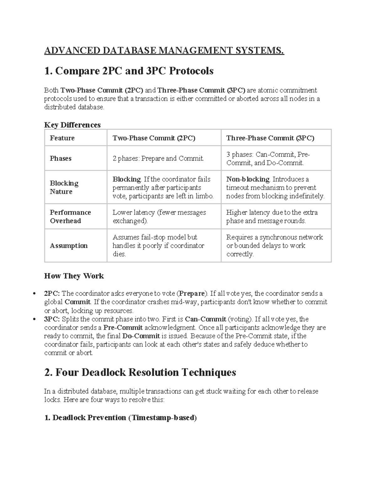 ADVANCED DATABASE MANAGEMENT SYSTEMS: 2PC vs 3PC & Deadlock Techniques ...