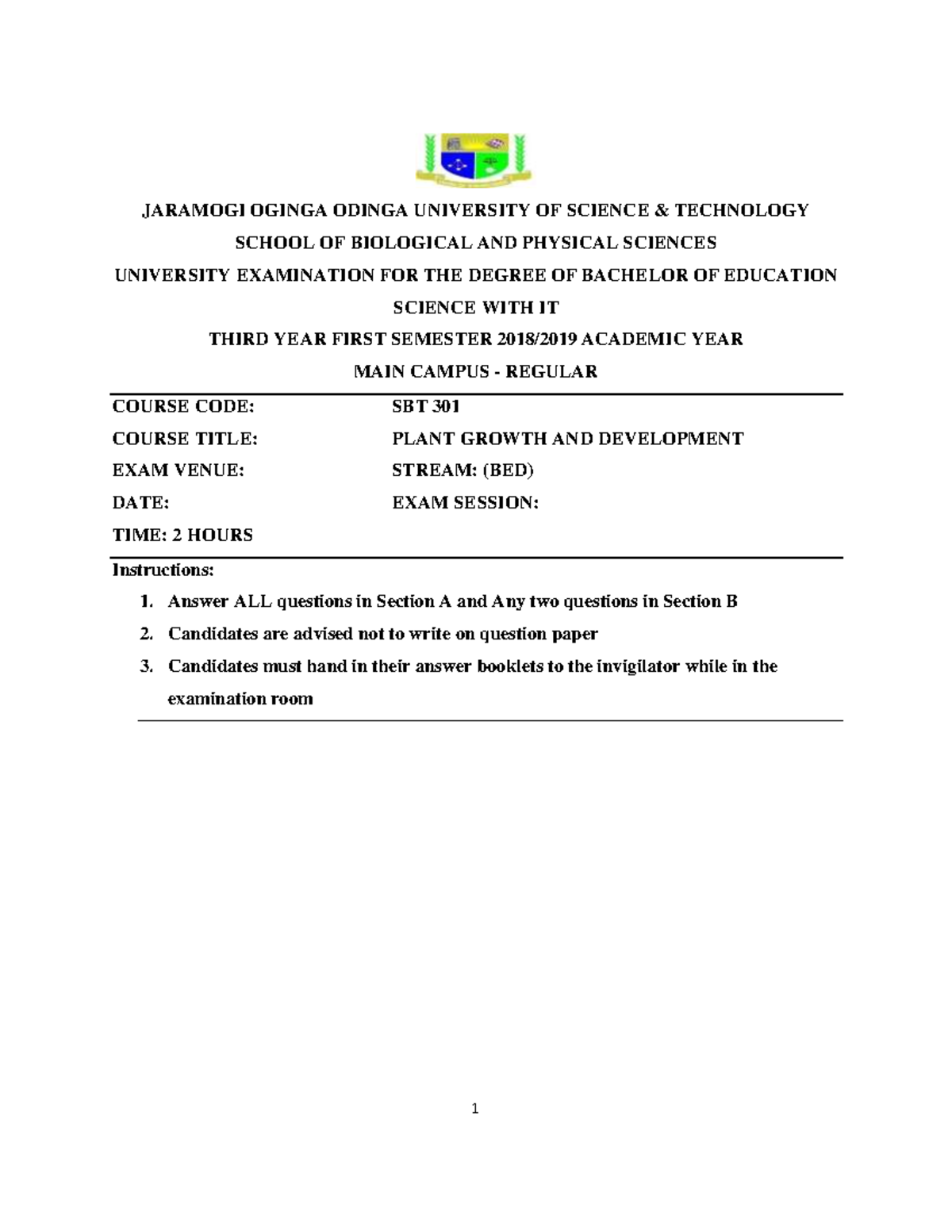 SBT 301 Final Exam: Plant Growth and Development Details - Studocu
