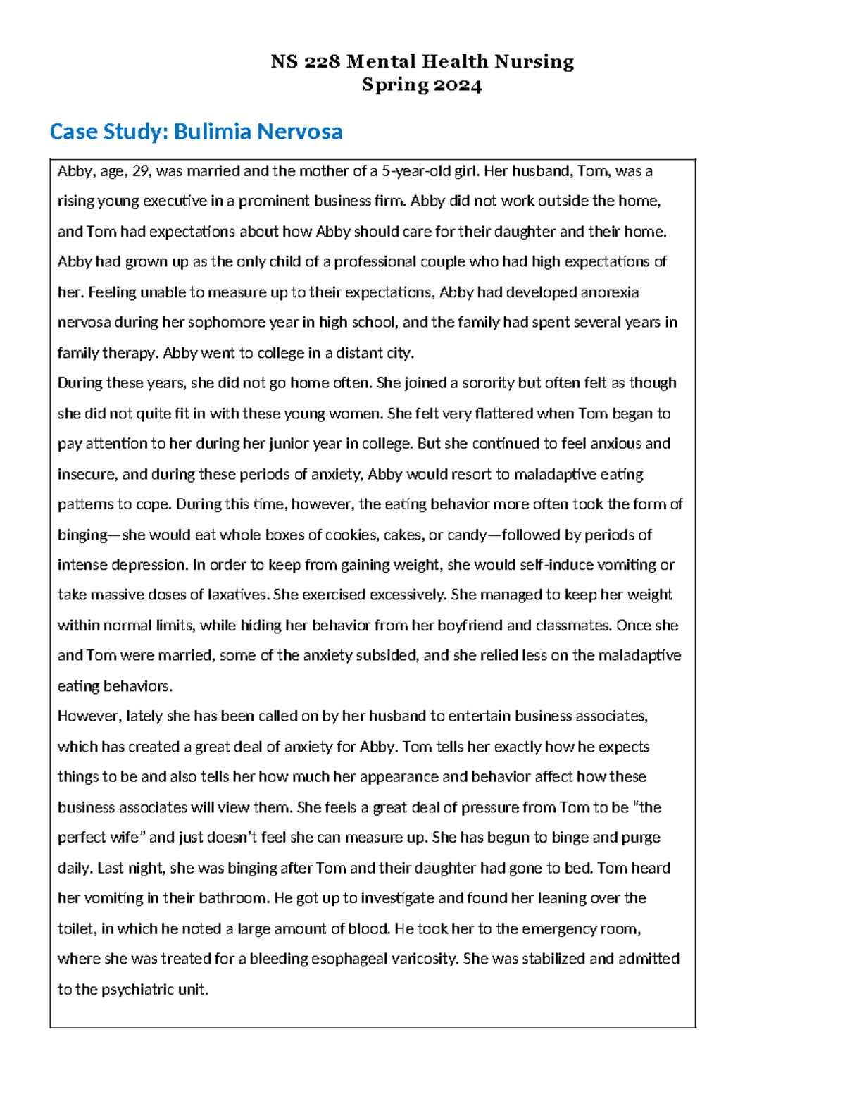 Case Study: Bulimia Nervosa - NS 228 Mental Health Nursing - Studocu