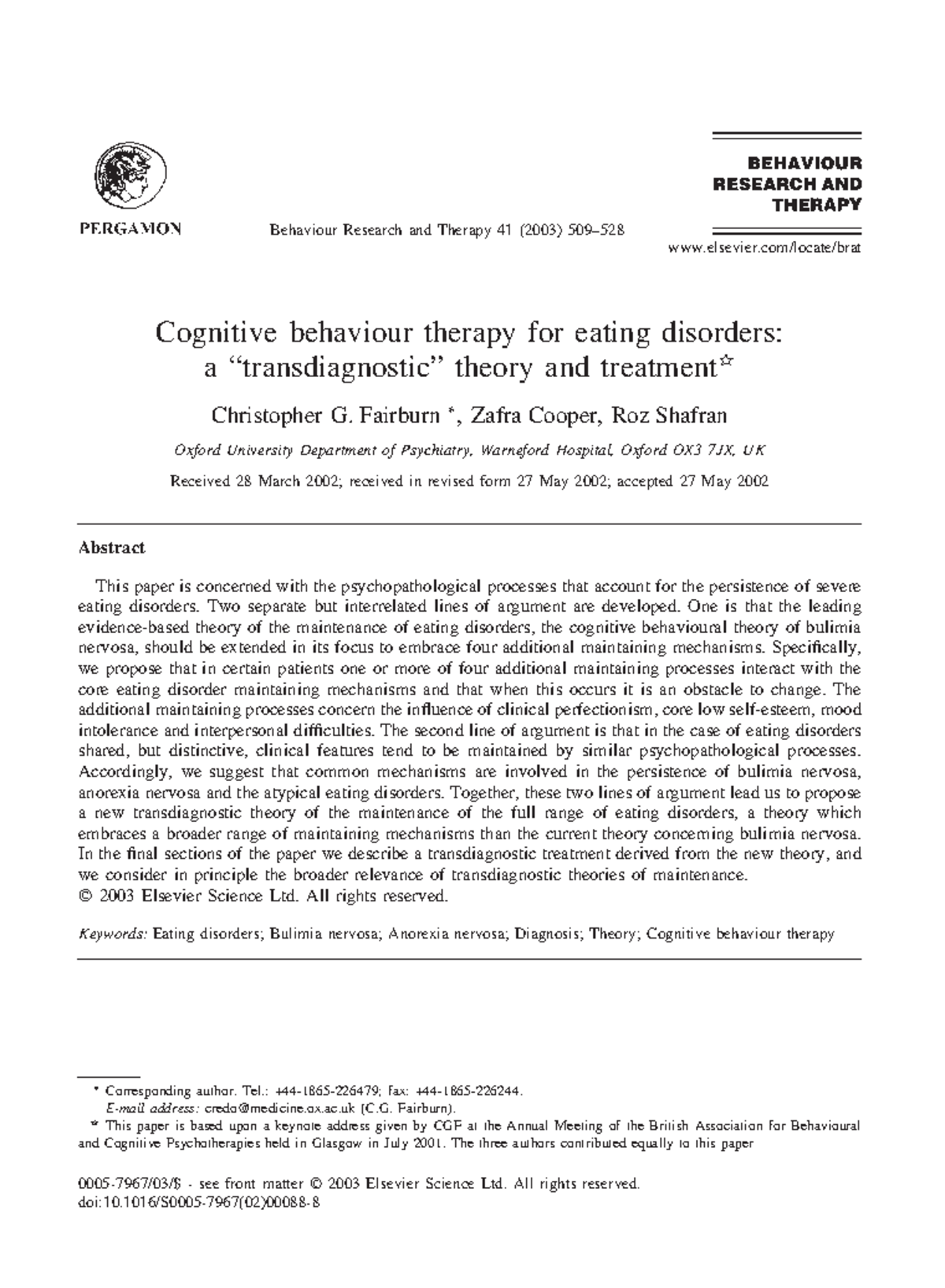 Cognitive Behavioural Therapy for Eating Disorders: A Transdiagnostic ...