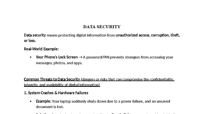 DATA SECURITY: Protecting Digital Information from Threats - Studocu