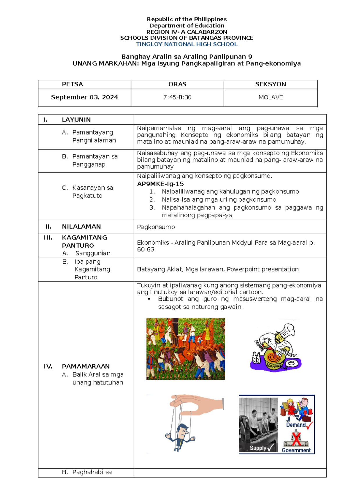 COT- Pagkonsumo - Lesson Plan para sa Araling Panlipunan 9 - Studocu
