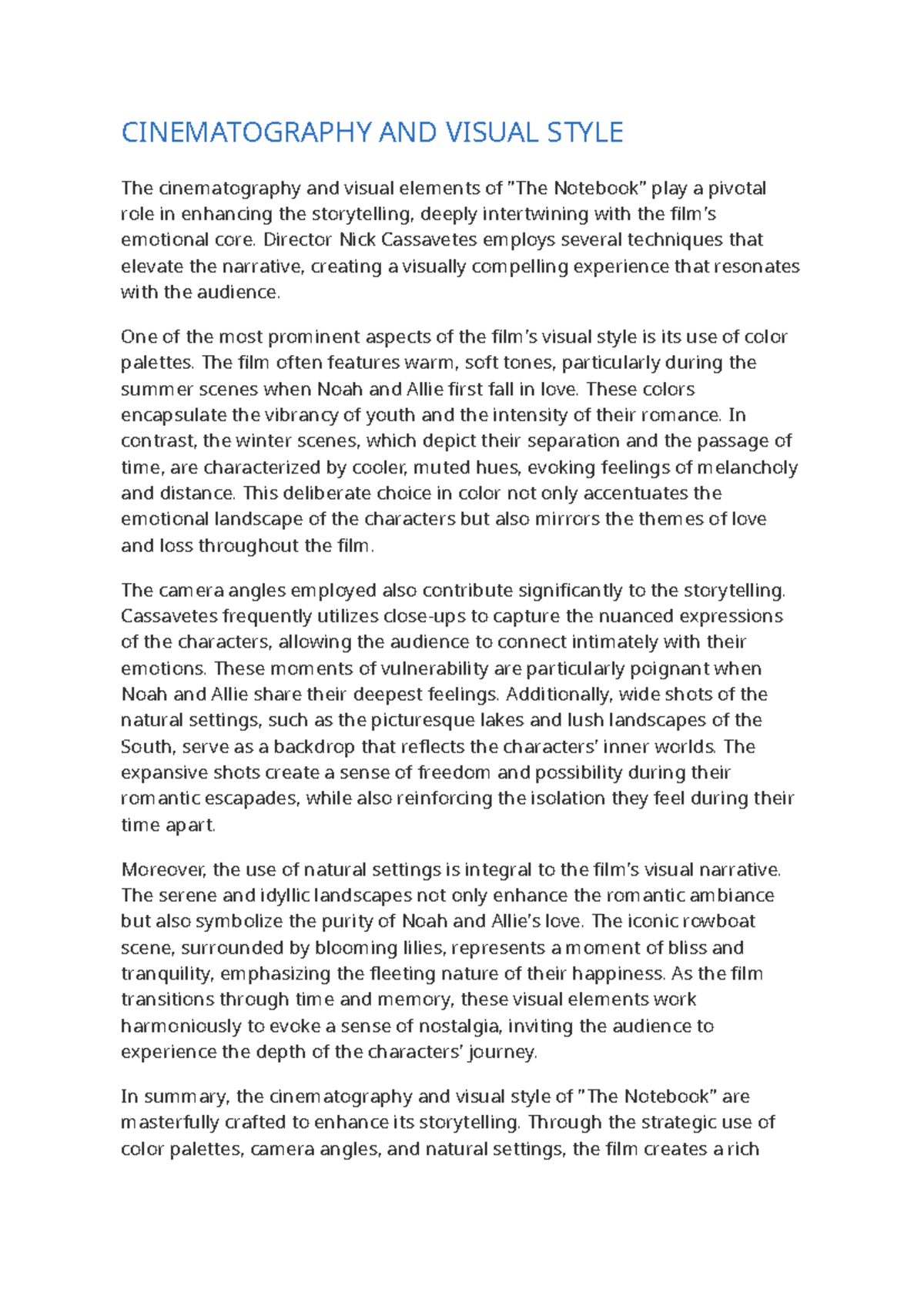 CIN 301: 'The Notebook' Cinematography and Visual Style Analysis - Studocu