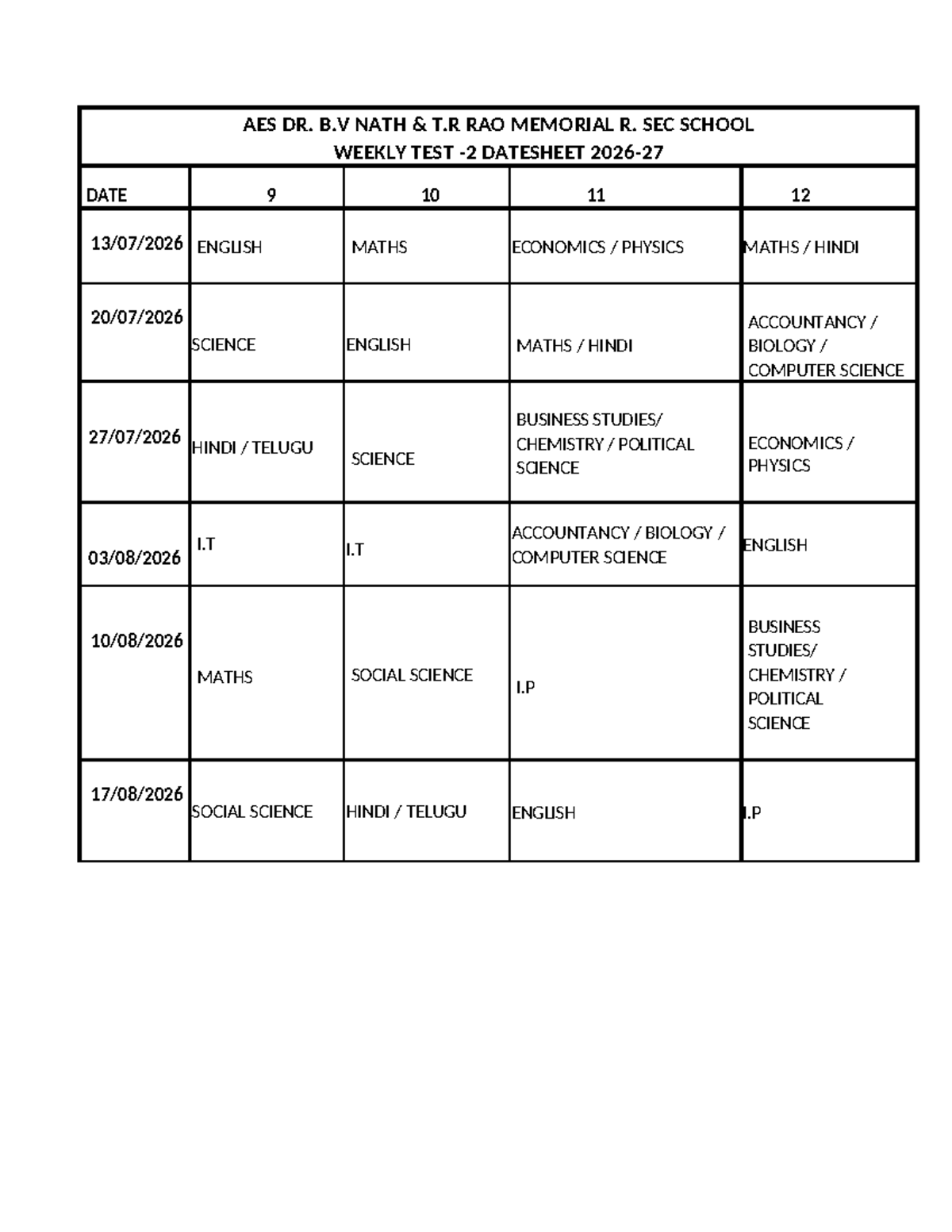 Weeklt TEST 2 DATE Sheet 26-27 - AES DR. B NATH & T RAO MEMORIAL R. SEC ...
