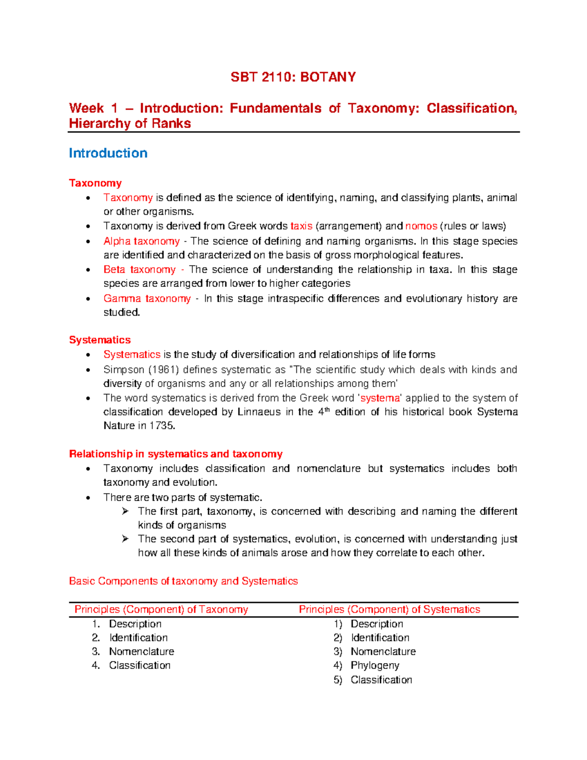 SBT 2110: Intro to Plant Taxonomy & Classification Systems - Studocu