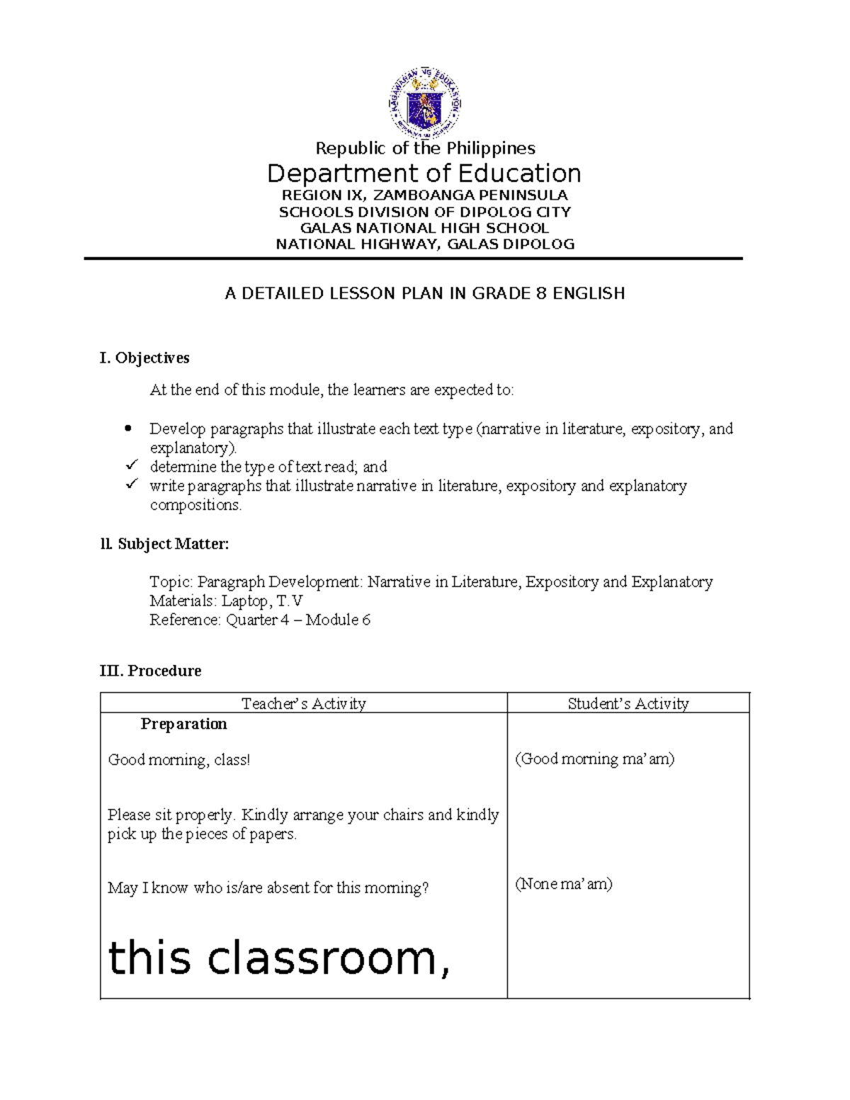 Detailed Lesson Plan for Grade 8 English: Paragraph Development - Studocu