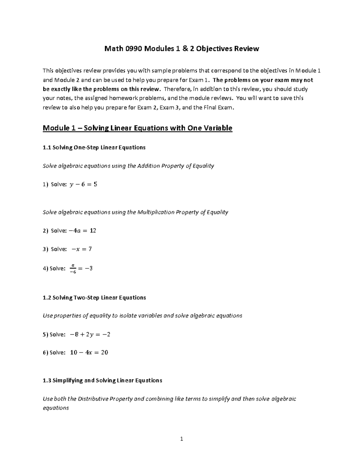 Math 0990 Exam 1 Objectives Review: Modules 1 & 2 Problem Set - Studocu