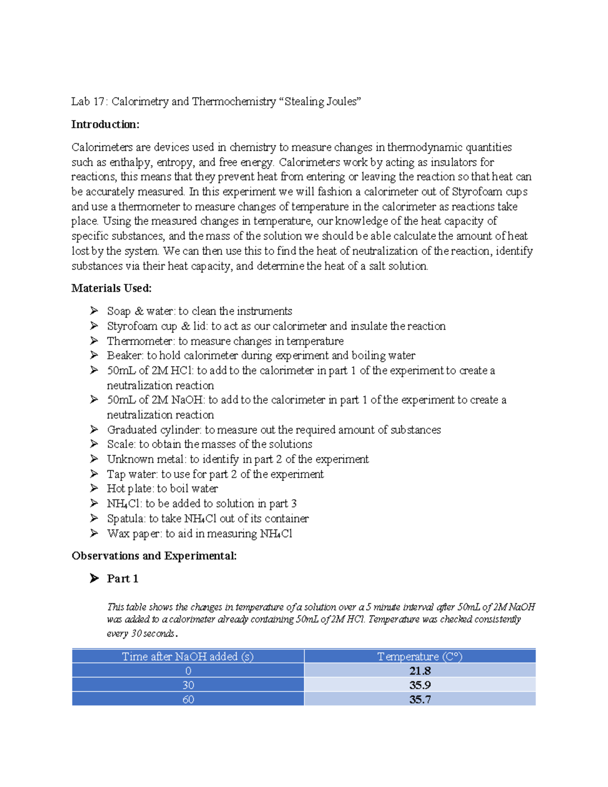 Lab 17: Calorimetry and thermochemistry experiment report - Studocu