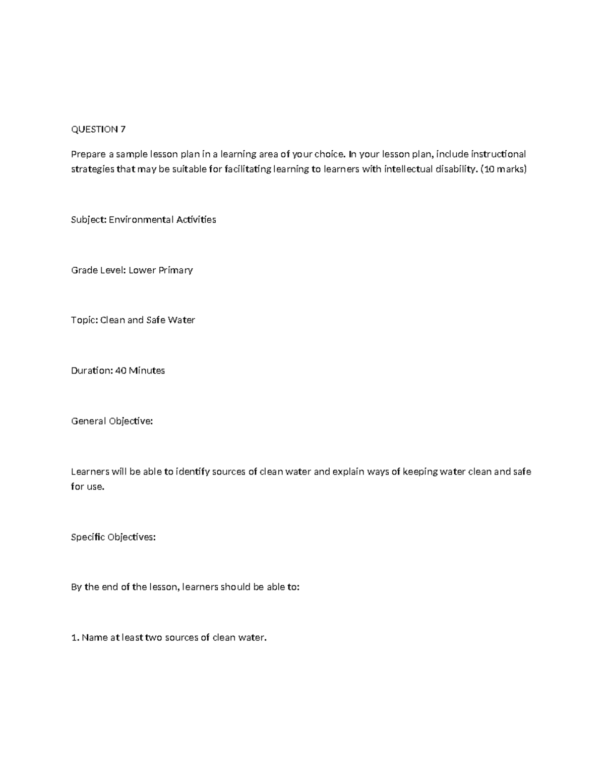 Sample Lesson Plan: Clean & Safe Water for Lower Primary (10 Marks ...