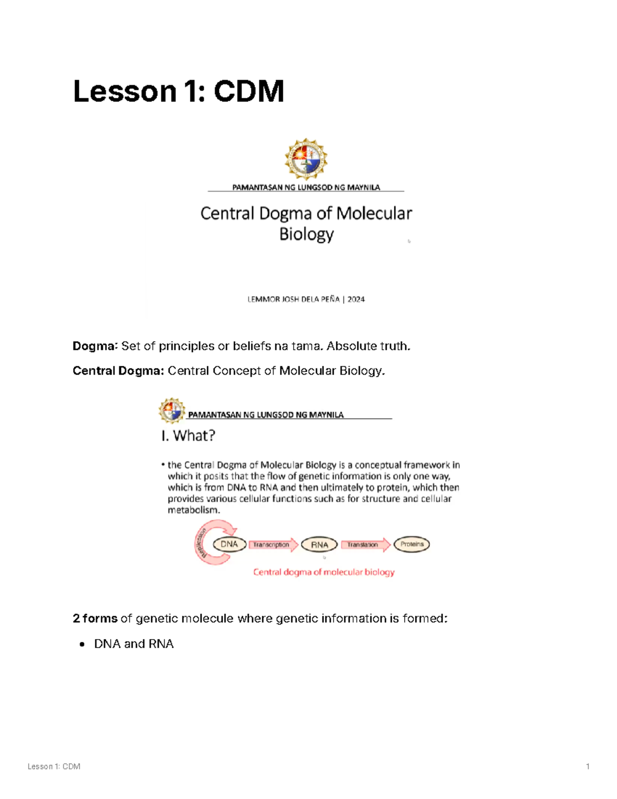 Lesson 1: Central Dogma of Molecular Biology (CDM) Overview - Lesson 1: CDM Dogma Set of ...