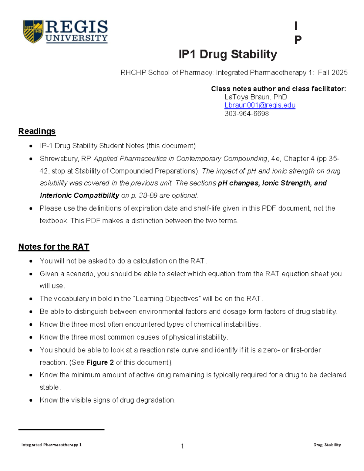 Integrated Pharmacotherapy 1: Drug Stability Class Notes - Fall 2025 ...