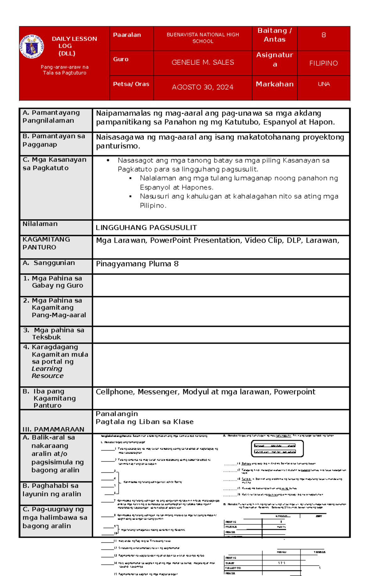 Agosto 30, 2024 - Lesson Plan for Filipino 8 - DAILY LESSON LOG (DLL ...