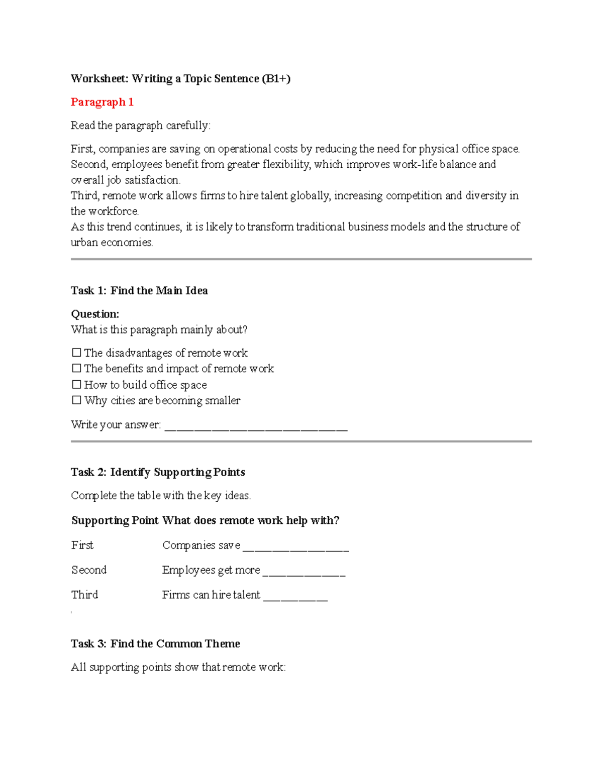 Topic Sentence Worksheet: Writing & Analyzing Main Ideas - Page 9 ...