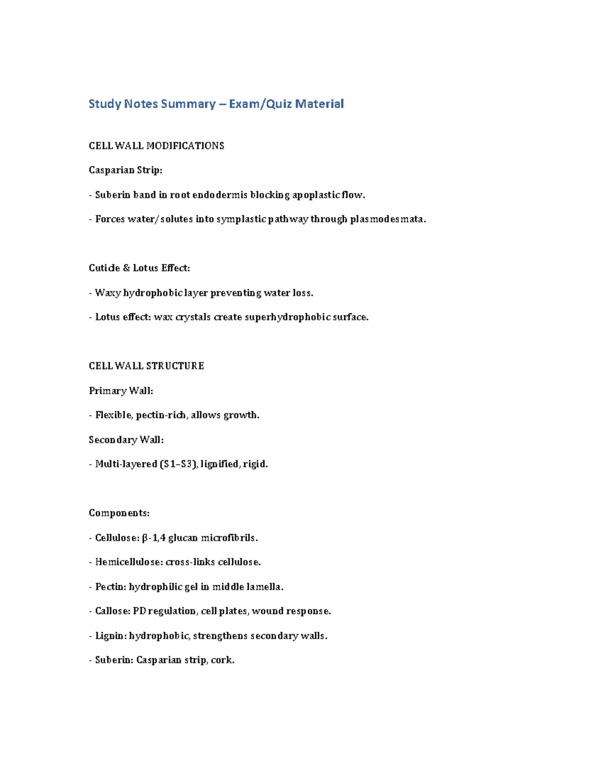 CELL BIOLOGY STUDY NOTES: CELL WALL MODIFICATIONS & CYTOKINESIS - Studocu