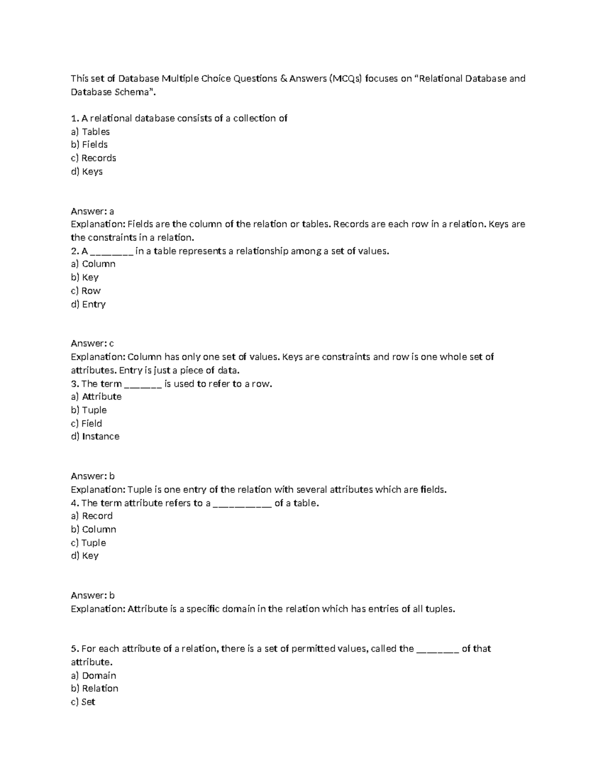 Database MCQs on Relational Concepts and SQL Operations - Studocu