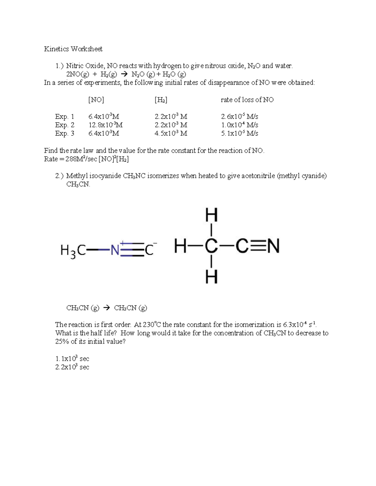 Kinetics Worksheet - Rate Laws & Reaction Constants - Studocu